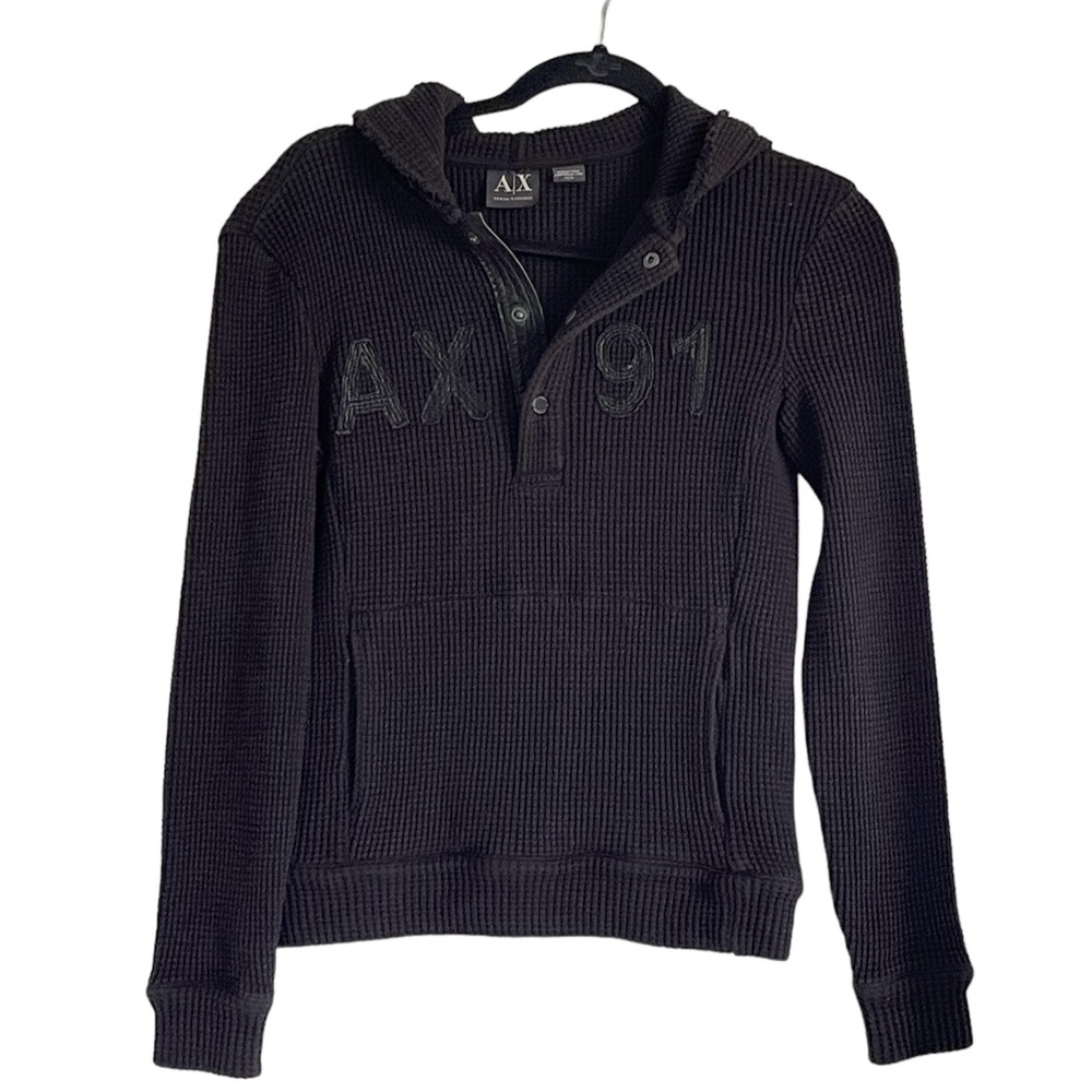 Armani Exchange Vintage Henley Hoodie Black Thick Waf… - Gem